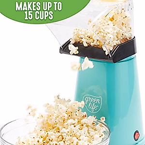 GreenLife Electric Popcorn Maker Hot Air Popper, Corn Kernal Measuring and Butter Melting Tray, Easy one Switch, Turquoise