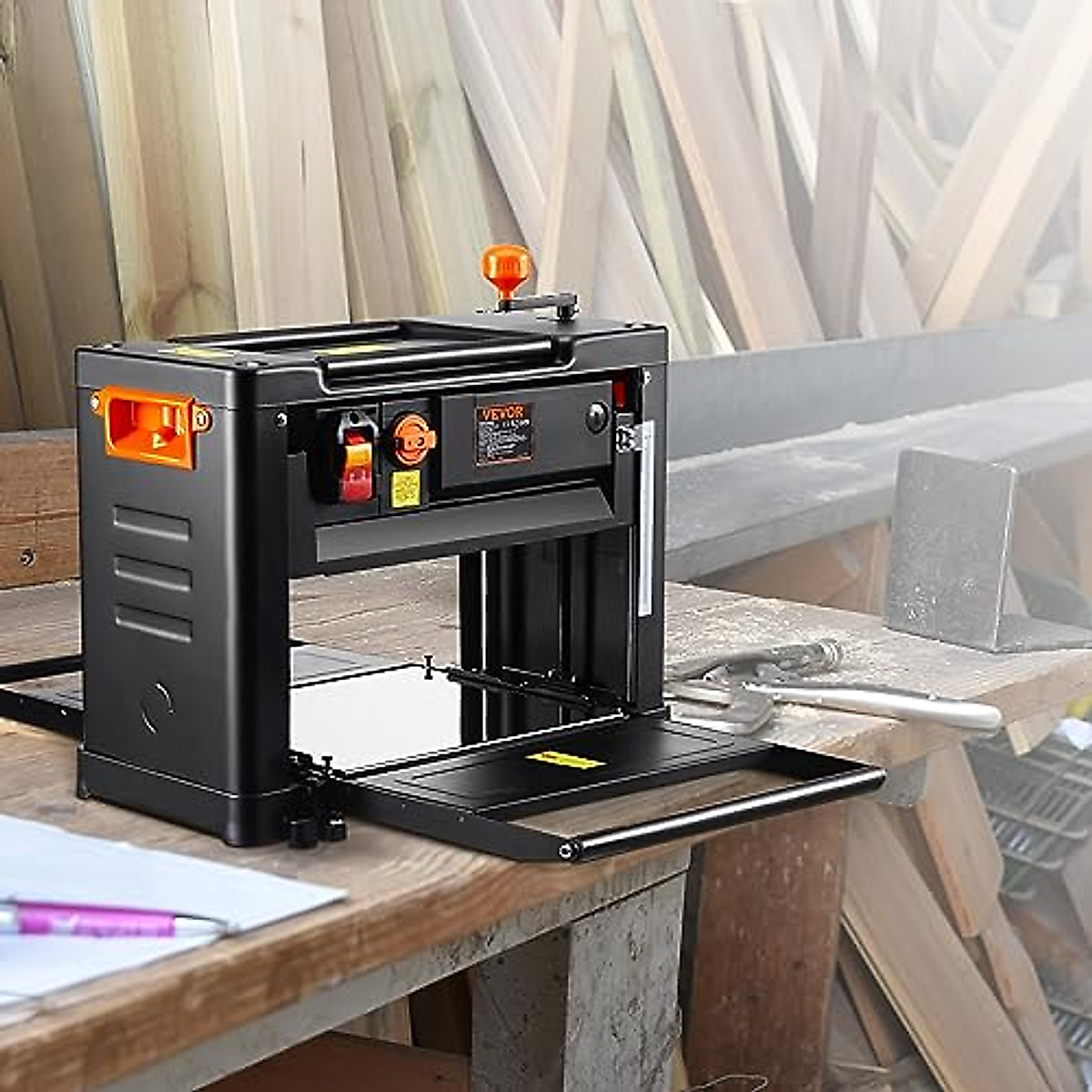 VEVOR Thickness Planer, Two Speed, 13" Width Worktable Benchtop Planer, Three-Blade, 15-Amp 2000W Powerful Motor, 12" Extended Infeeding Table, Low Noise for both hard & soft wood material removal