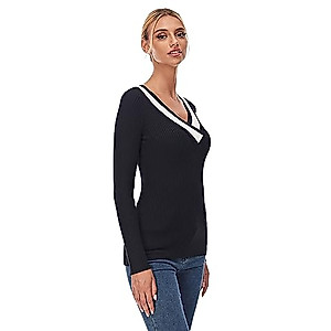 AmélieBoutik Women Color Trim V Neck Long Sleeve Ribbed Sweater Top (Black and Ivory White Large)