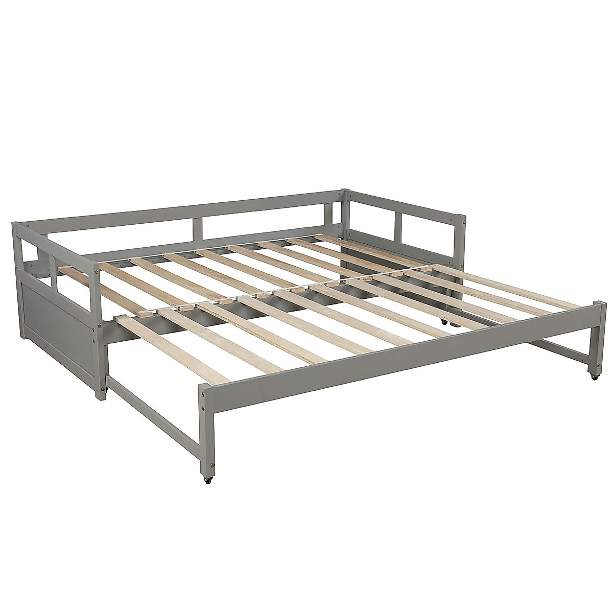 Zaboro Extendable Daybeds, Solid Wood Twin Size Bed Frame with Pull-Out Trundle Beds, Twin to King Design Extending Bed with Safe Guardrails for Living Room Bedroom, No Box Spring Required, Gray