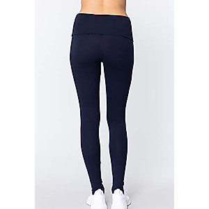 Khanomak Women's Waist Banded| Fold Over Waist & Fitted Long True Navy Yoga Pants Large