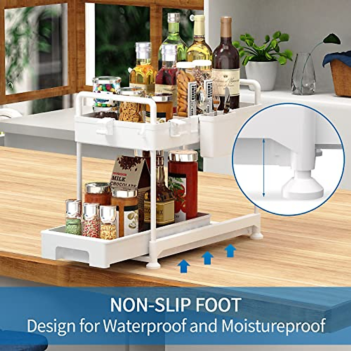 SOLEJAZZ 2-Tier Under Sink Organizer, Under Bathroom Sink Cabinet Sliding Under Sink Storage Organization, Multi-purpose Kitchen Shelf with Hooks, Hanging Cup, White