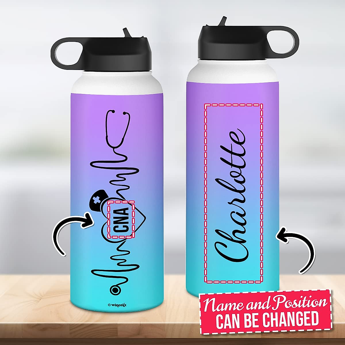 winorax Personalized Nurse Water Bottle for Women Heartbeat Stethoscope Nurses Insulated Stainless Steel Sports Travel Coffee Bottle 12oz 18oz 32oz Gifts for Nurse Week RN CNA Graduation (Gradient 1)