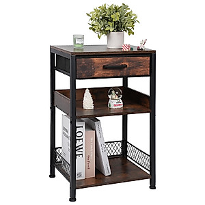 3 Tier End Table,Small Side Table with Storage Drawer,24.8 inch Tall Night Stand for Small Spaces, Brown Bedside Table,Side Table for Living Room,Bedroom,Office