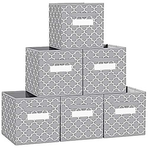 FabTotes Storage Bins 6 Pack Collapsible Storage Cubes, 11"x10.5"x10.5" Large Toy Book Organizer Boxes with Handles and Label Card & Label Holder, Baskets for Organizing Closet Shelves (Light Grey)