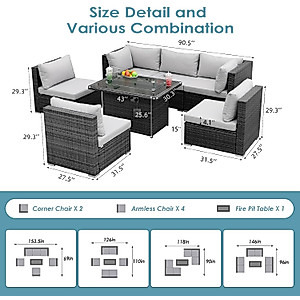 RADIATA PE Wicker Patio Furniture Set Sectional High Back Large Size Sofa Sets with Propane Fire Pit Table 55000 BTU Balcony Rattan Lounge Conversation Sets for Outdoor (7 Pieces,Light Gray)