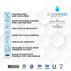 CLEAN SPACE PROJECT Nitrile Gloves, Extra Thick 5.5 Mil, Disposable, Powder Free, Latex Free (Black - Large, Box of 100)