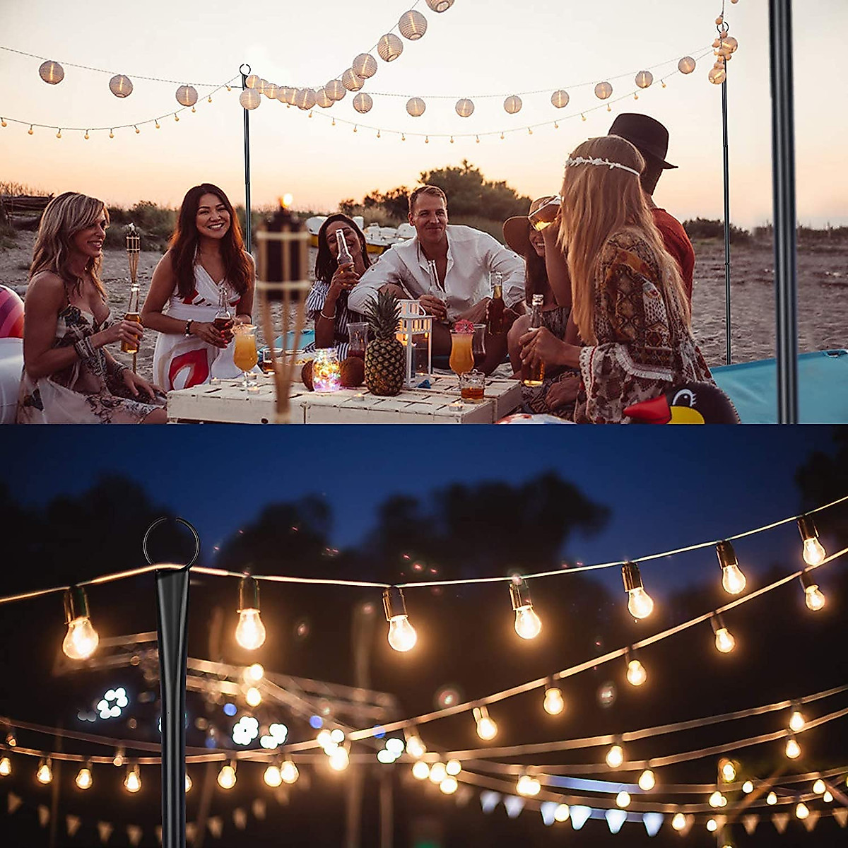 Outdoor String Light Pole, Heavy Duty Light Poles for Outside with Hooks and 4-Prong Fork, Metal Post for Hanging String Lights for Deck, Patio Garden, Backyard, Wedding or Party, 2 Pack