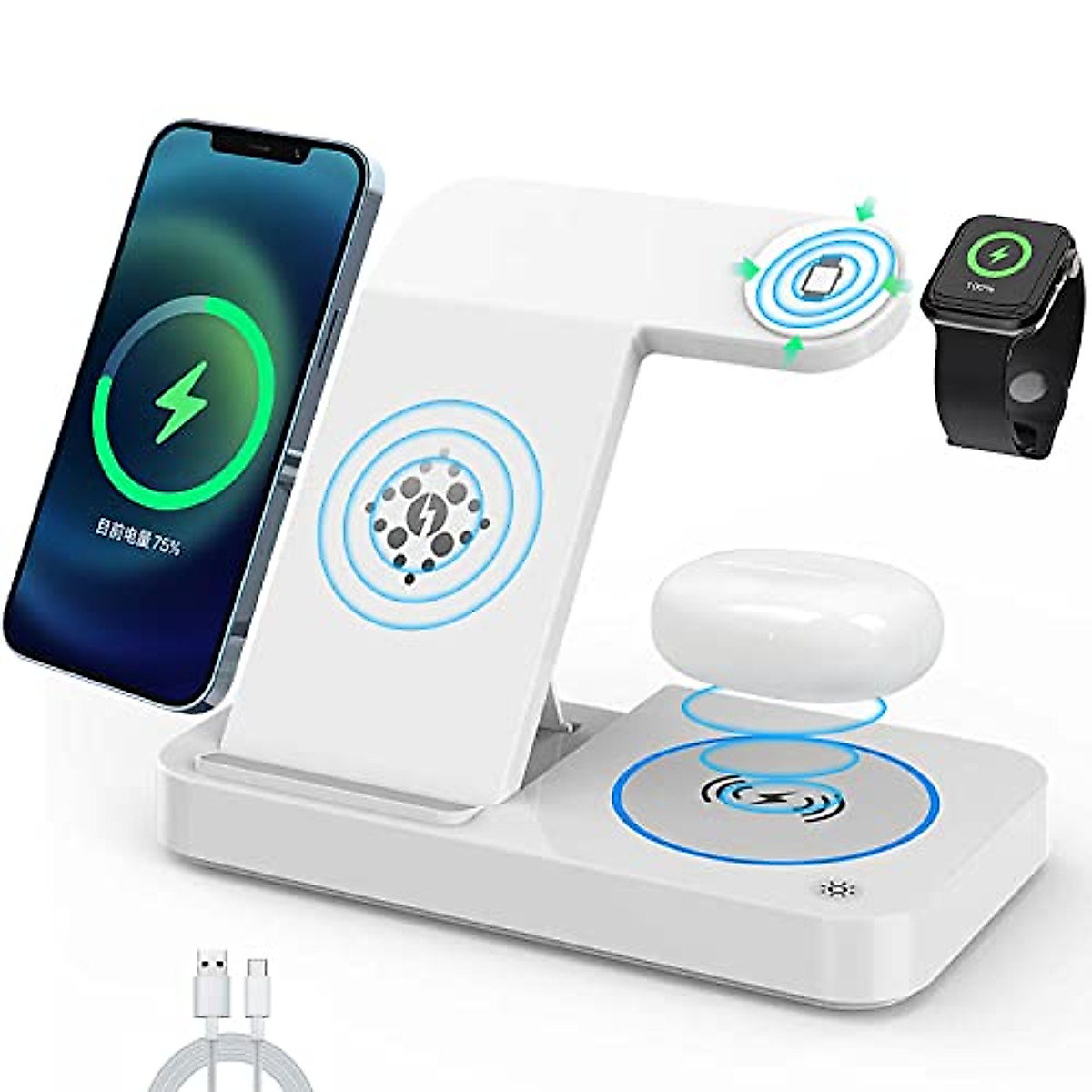 3 in 1 Wireless Charging Station for Apple Devices, Wireless Charger iPhone That Can Simultaneously Charge Cell Phones, Watches, and Headphones, Charging Station for Multiple Devices Apple