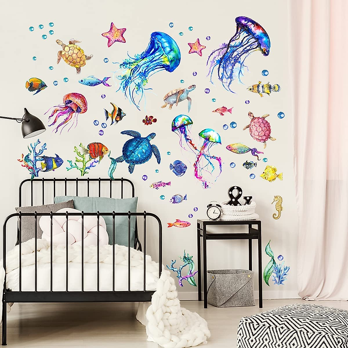 HUAJIE Ocean Fish Wall Decals, Under The Sea Wall Decals Sea Life Animals Wall Stickers Waterproof Removable Peel and Sticks for Kids Bedroom Bathroom Living Room, Multi