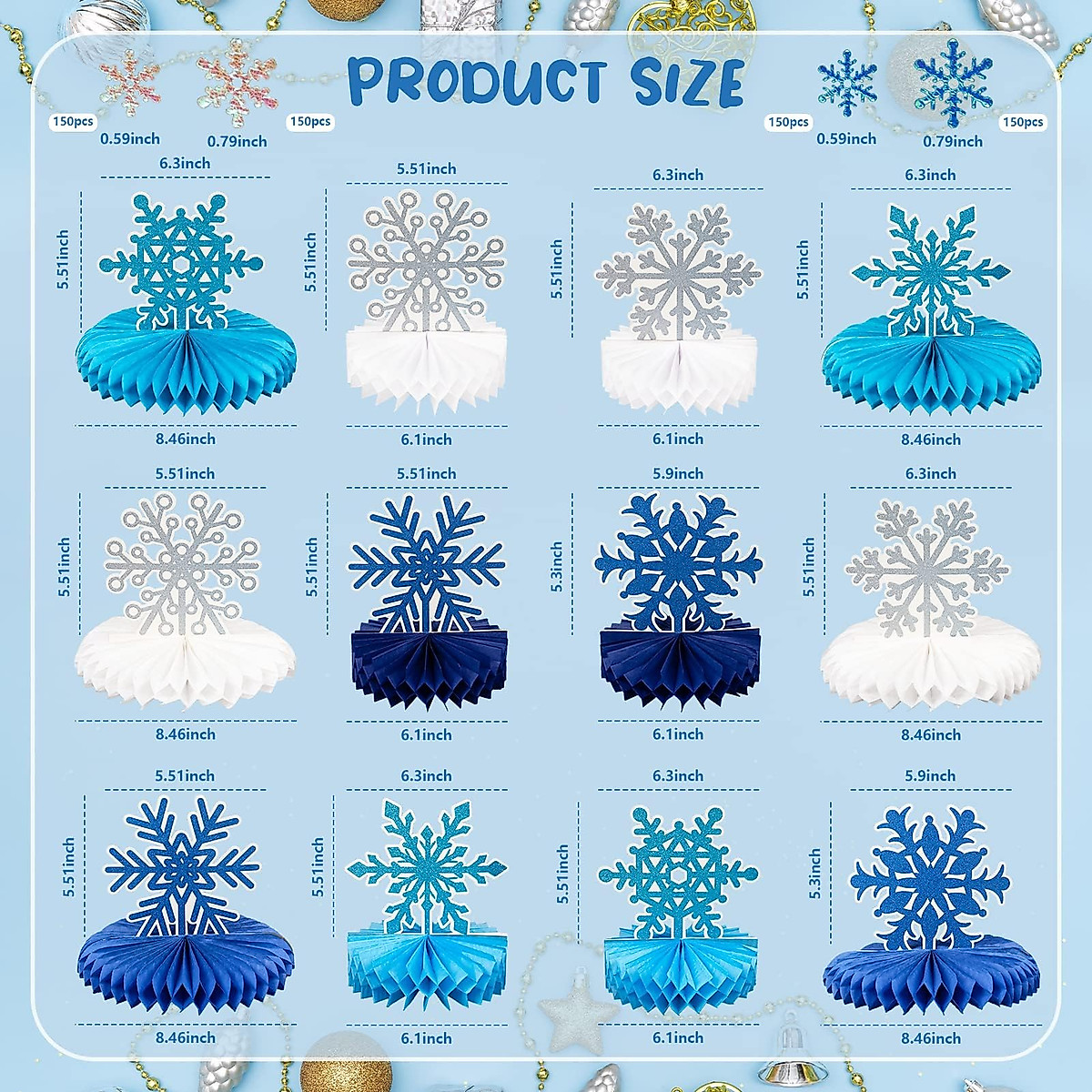 Frozen Winter Wonderland Party Decorations - 12pcs Blue White Snowflake Honeycomb Table Centerpieces and 600pcs Snowflake Confetti for Christmas Holiday Winter Birthday Baby Shower Party Supplies