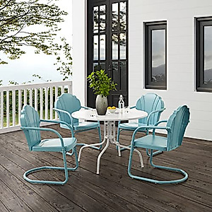 Crosley Furniture Tulip 5-Piece Outdoor Dining Set for 4, Retro Metal Round Patio Table and Chairs for Deck, Pastel Blue Satin