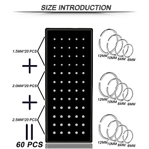 YOVORO 22G 72PCS 316L Stainless Steel Nose Studs Rings Cartilage Hoop Ear Piercing Body Jewelry 1.5MM 2MM 2.5MM W