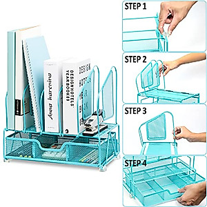 Beiz Blue Desk Organizer and Accessories Storage with 5 Vertical File Folder Holders, Paper Tray, Drawer for Women Office, Home, Dorm, Workspace to Collect Office Supplies