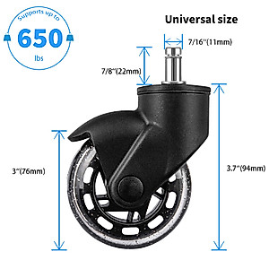 Simple Deluxe Office Chair Wheels (Set of 5) – 3'' Rubber Chair Casters - Safe for Carpet and Hardwood-Work from Home Accessories Chair Mat Replacement - Universal Fit, Black