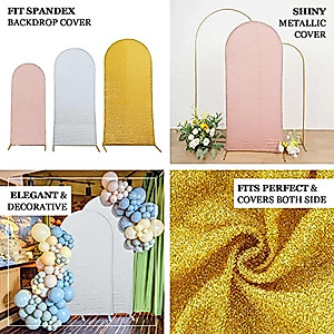 TABLECLOTHSFACTORY 6ft Shiny Antique Gold Spandex Fit Round Top Backdrop Frame Stand Cover, 2-Sided Metallic Sparkly Wedding Arch Cover