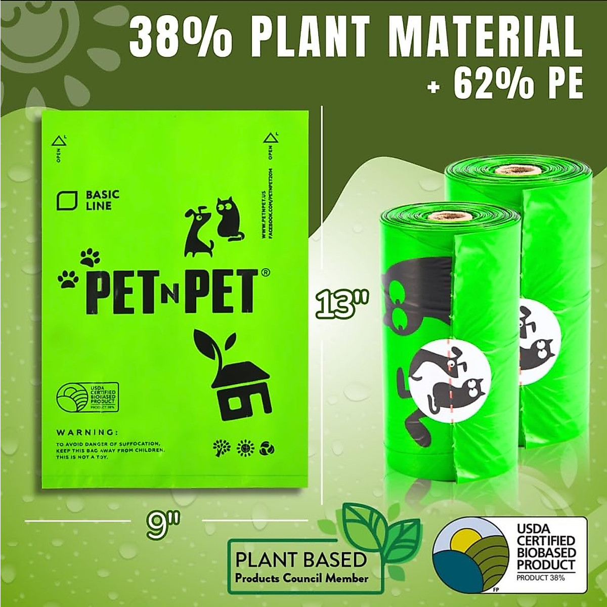 Pet N Pet 1080 Counts Green Poop Bags for Dogs, 38% Plant Based & 62% PE Extra Thick Dog Poop Bags Rolls, 9" x 13" Unscented Dog Bags for Poop, Doggie Poop Bags, Cat Poop Bags, Pet Waste Bags
