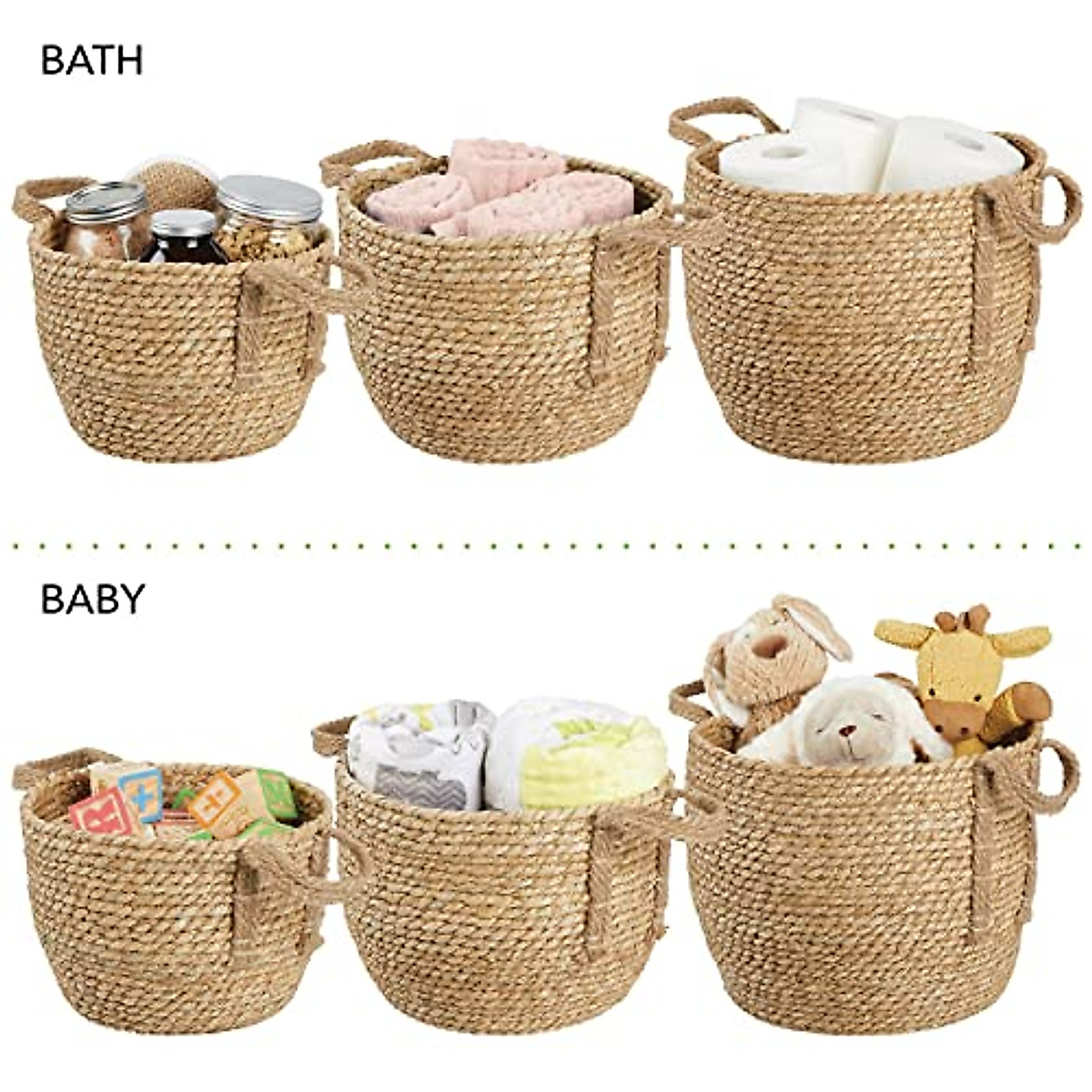 mDesign Round Braided Seagrass Woven Storage Basket with Jute Handles - Rope Weave Circle-Shaped Basket Bin for Shoe Storage in Entryway, Organizing Playroom Toys, and Laundry - Set of 3 - Natural