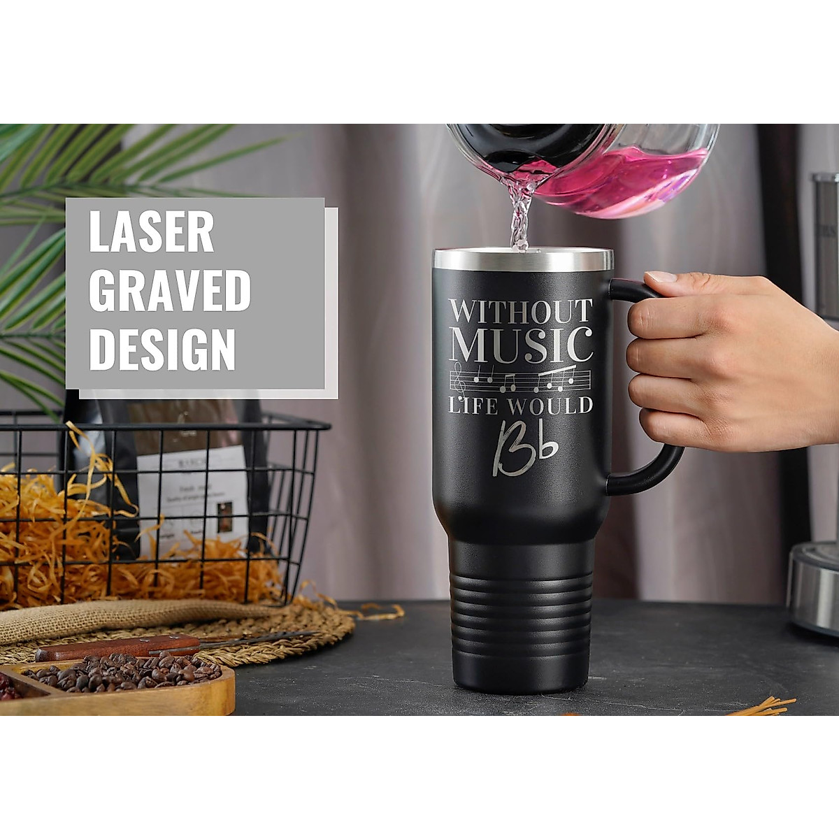 Onebttl Music Lover Gifts For Men, Women - Without Music Life Would B Flat - 40oz/1180ml Stainless Steel Insulated Tumbler with Handle, Straw & Lid - Musician Gifts, Musical Lovers Gift (Black)