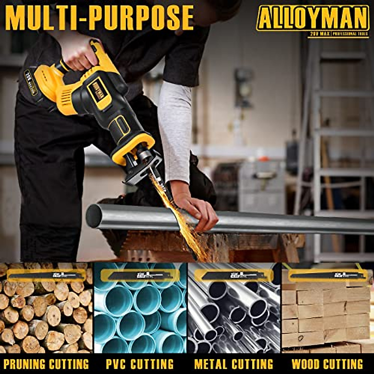 ALLOYMAN Reciprocating Saw, 20V Cordless Battery Power Saw, with 2 X 2.0Ah Batteries & Charger, 0-3000 SPM Variable Speed, Tool-Free Change, 6 PCS Blades for Wood Metal PVC Pipe Tree Cutting