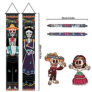 Day of the Dead Banner Decoration, 2 Pieces Dia De Los Muertos Porch Sign Mexico Welcome Hanging Wall Banner for Festival Halloween Indoor Outdoor Events Yard Supplies Decor 11.8 x 70.9 Inch