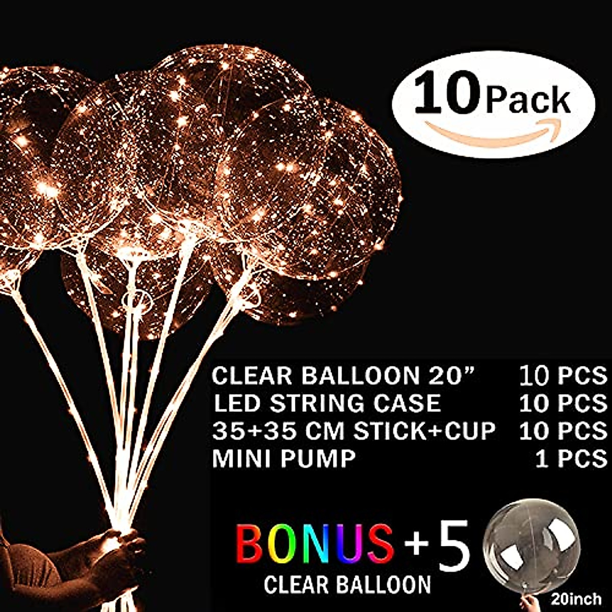 10 Pack LED Bobo Balloons with Stick and Pump,Transparent LED Light Up Balloons, Helium Glow Bubble Balloons with String Lights for Party Birthday Wedding Festival Decorations (Warm white)