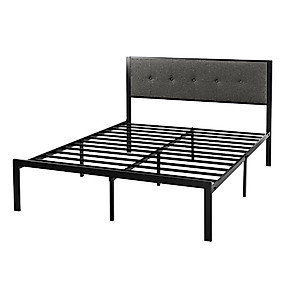 SHA CERLIN Full Size Metal Platform Bed Frame with Upholstered Button Tufted Headboard, Easy Assembly, Dark Grey