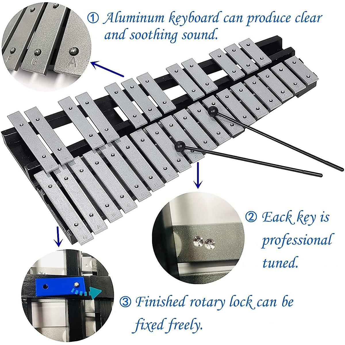 MIRIO 30 Notes Foldable Glockenspiel Xylophone Percussion Set, Glockenspiel Bell Kit With Carry Bag, Mallets for Beginner/Professional, Children Educational Percussion Musical Instrument (Silver)