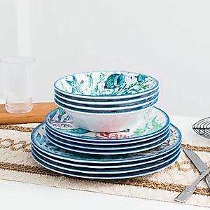 LEHAHA 12-Piece Melamine Beach Dinnerware Set, Coastal Plates and Bowls Sets, Oceanic Sea Life Dish Sets for 4, Great for Indoor Outdoor Dining on the Beach, RV, Camping or Cabin