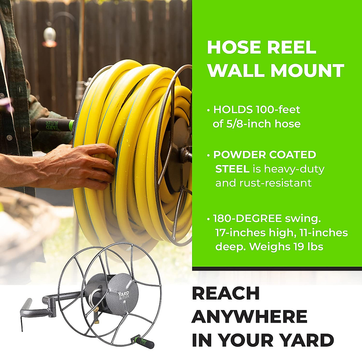 Yard Butler Swivel Hose Reel Wall Mount - 180 Degree Pivot Hose Hanger - Great for Garden Storage - Hose Holder Wall Mount for Garden Hose - Heavy Duty Steel Hose Hanger for Hose Reels - ISRWM-180