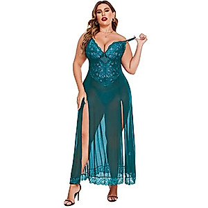Avidlove Women's Plus Size Badydoll Lace Lingerie Long Dress Strap Chemise Nightgown Blue Green