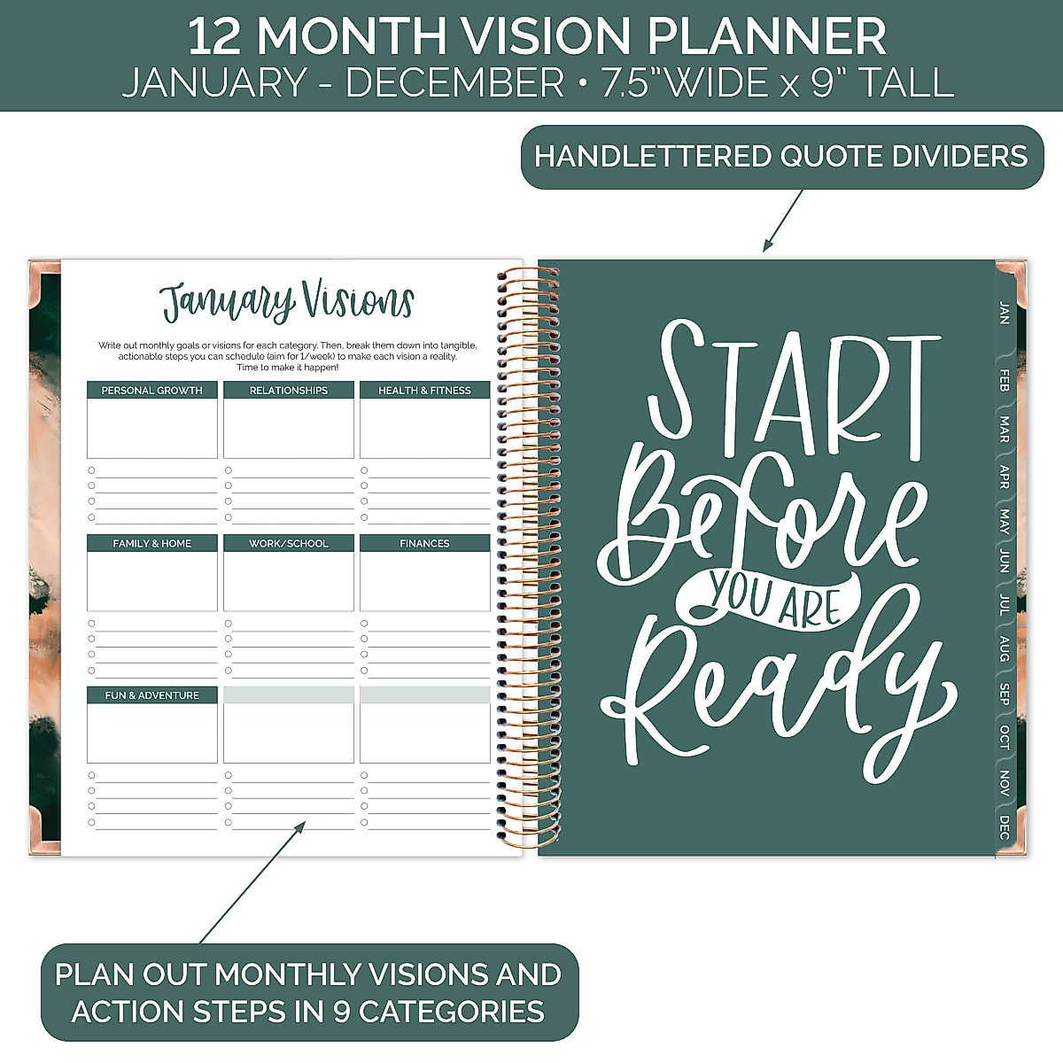 bloom daily planners 2023 Hardcover Calendar Year Goal & Vision Planner (January 2023 - December 2023) - Monthly/Weekly Column View Agenda Organizer - 7.5" x 9" - Wanderlust