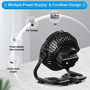 VCOLBON Small Rechargeable Portable Camping Fan, 360° Adjustable Outdoor Battery Operated Cordless Table Fan, 8-Inch 12 LED Stepless Speeds Quiet Bedroom Desk Fans for Home Office Travel Tent, Black
