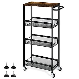 4 Tier Slim Rolling Cart, Narrow Shelf Storage Cart for Small Space, Slide Out Narrow Cart with Wooden Top, Metal Handle and Wire Mesh for Narrow Space on Kitchen, Bathroom, Laundry Room, Black.