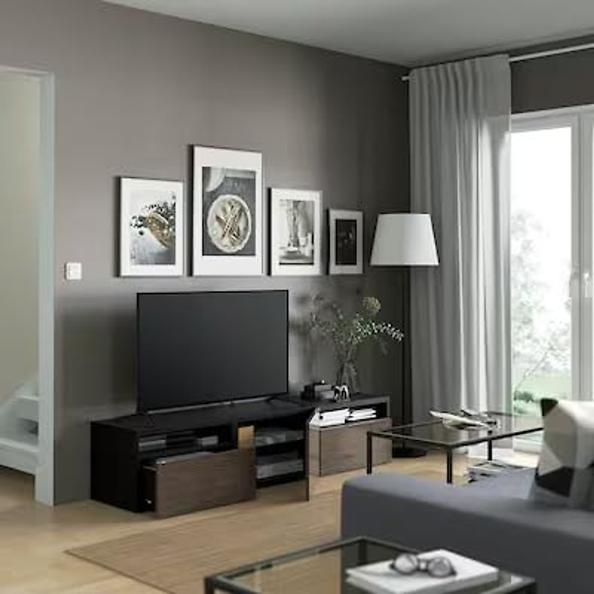 TV Unit with Drawers and Door,Black-Brown/Selsviken high-Gloss/Brown, 70 7/8x16 1/2x15 3/8 "