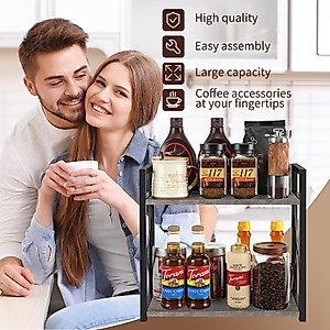 YINMIT Coffee Bar Accessories Organizer, Spice Rack Organizer, Wooden Kitchen Counter Shelf, 2 Tier Coffee Organizer Station for Countertop, Coffee Condiment Rack for Mugs, Cups, Cream, Syrup (Large)