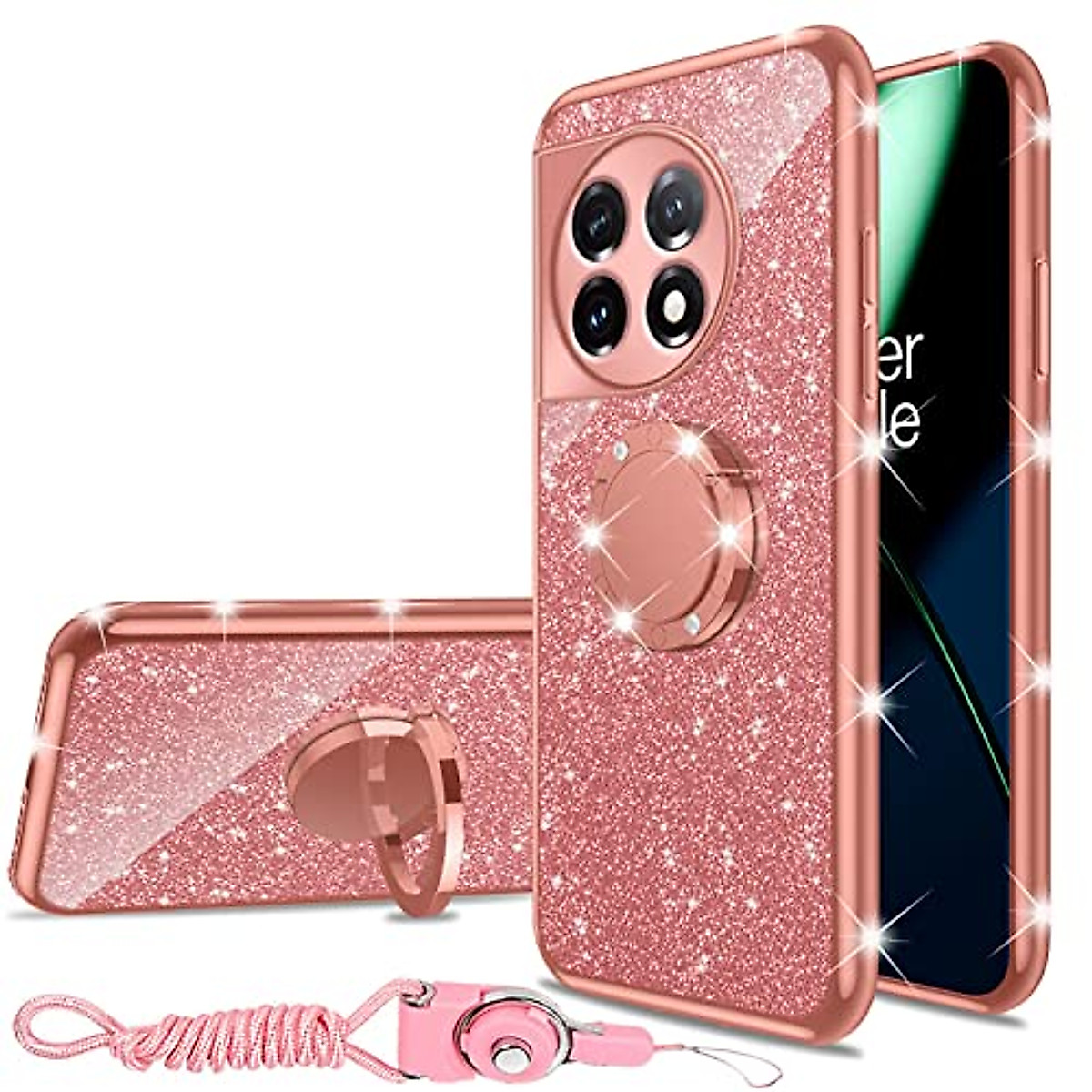 nancheng for Oneplus 11 Case (2023), Phone Case for Oneplus 11 5G Women Glitter Cute Luxury Soft Silicone Clear Case with Ring Stand Strap Lanyard Shockproof Protection Cover - Rose Gold