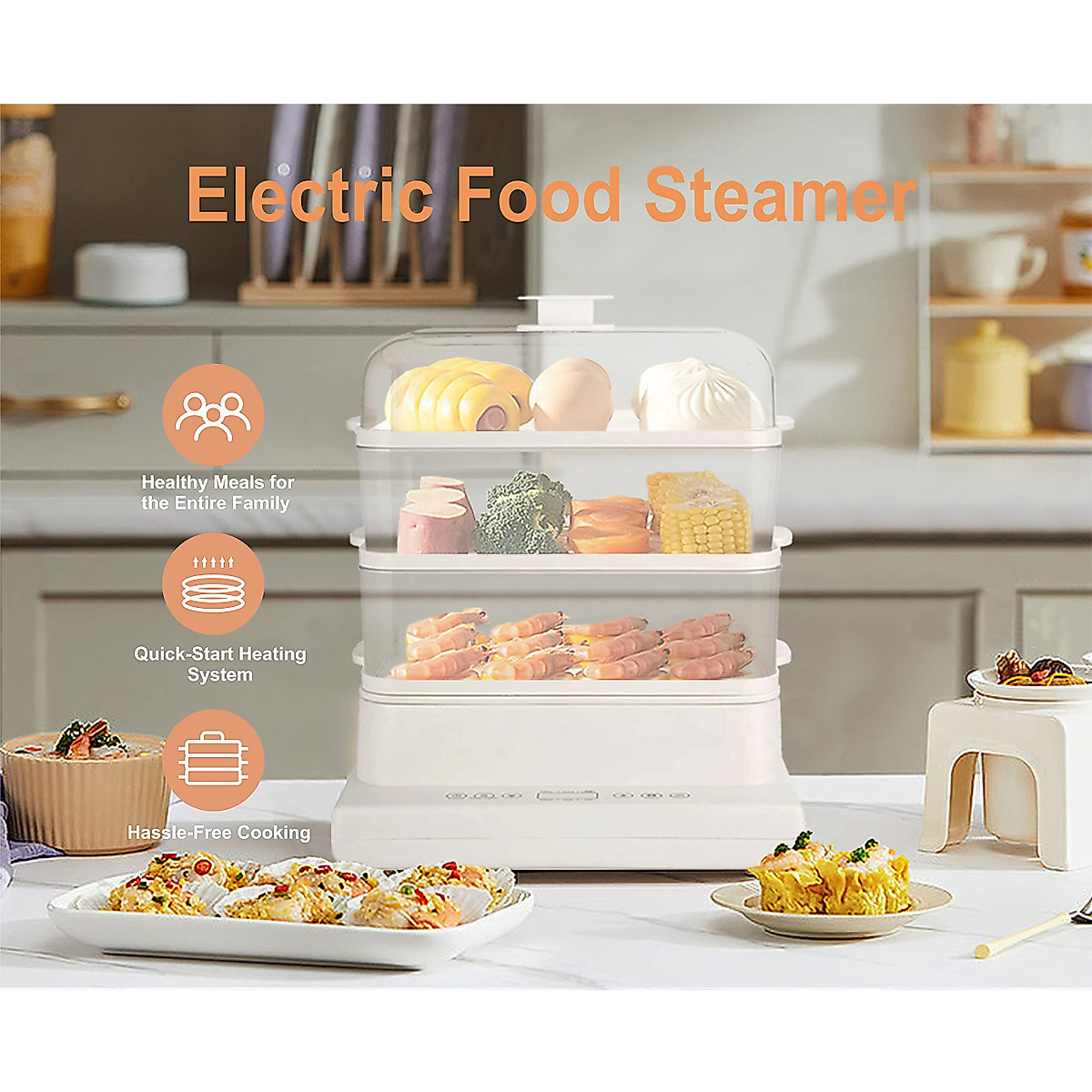 bathivy 19QT Electric Food Steamer for Cooking, 3 Tier Vegetable Steamer with Appointment and Timer, Digital Steamer for Fast Simultaneous Cooking, 800W Heating, Auto Shutoff & Boil Dry Protection