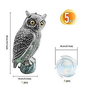 Christmas Owl Decoys to Scare Birds Away with 4 Pcs Hanging Reflective Bird Scare Spiral Rods, Plastic Fake Owl to Keep Birds Away