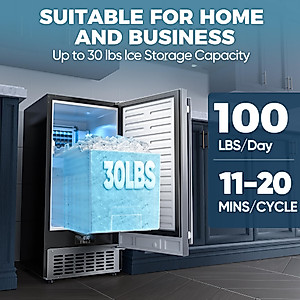 Coolski Commercial Under Counter Ice Maker Machine, 100LBS/Day with 30LBS Ice Storage, Stainless Steel Built-in Freestanding Ice Machine, Drain Pump, Water Filter, Ideal for Home Apartment Commercial