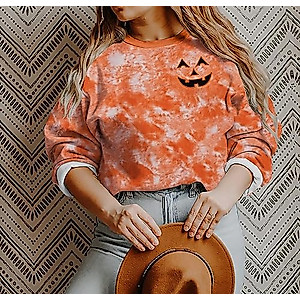 KORADIOR Halloween Sweatshirt Women Pumpkin Face Pullover Pumpkin Lantern Shirt Tee Casual Long Sleeve Top Orange