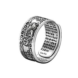 Feng Shui Pixiu Mantra Ring Buddhist Vintage Ring Adjustable Good Luck Amulet Mantra Double Protection Wealth Love Health Ring Gift for Men Women (A)