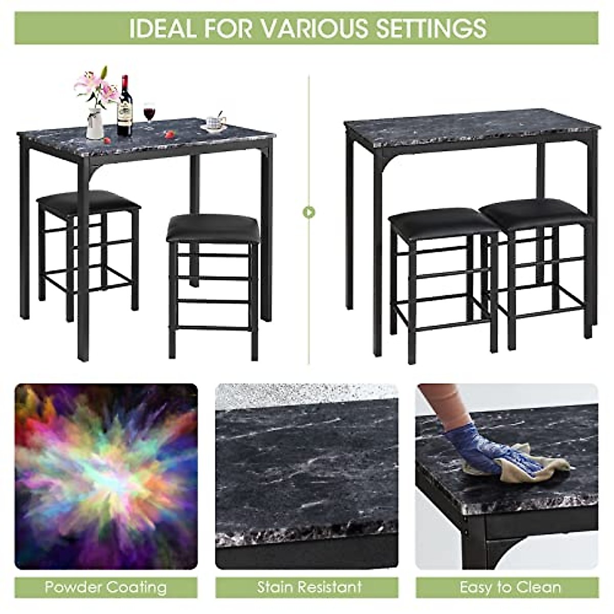 COSTWAY 3 Pieces Dining Table Set, 2 Person Kitchen Breakfast Table and Chair Set Pub Table and Chairs Set, Counter Height Dining Table Set with 2 Bar Stools (Black)
