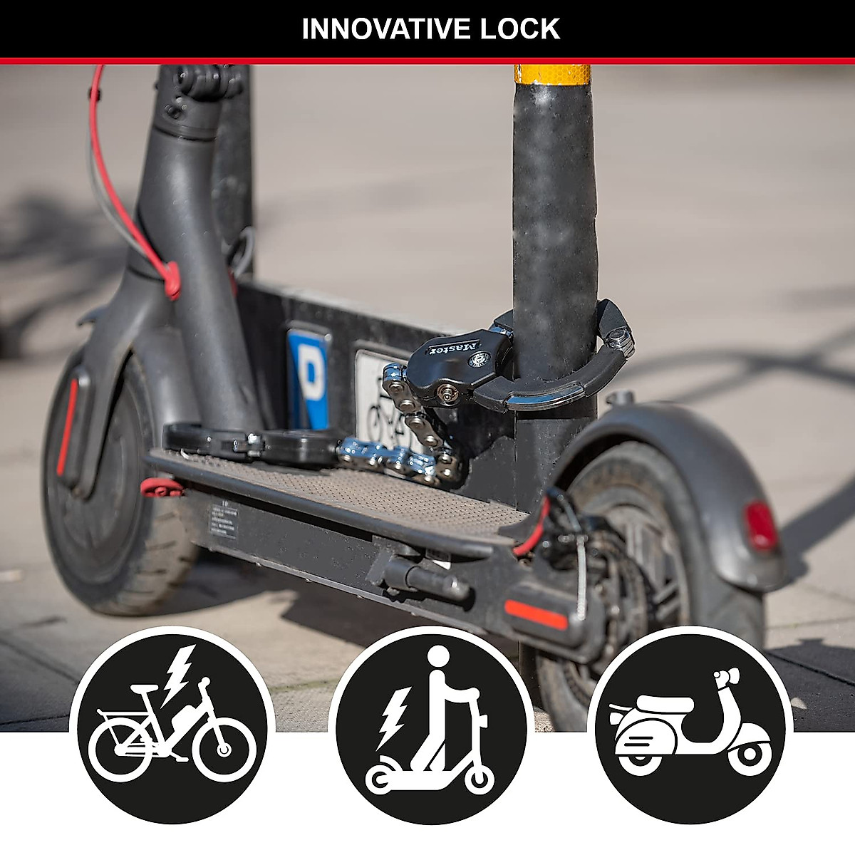 MASTER LOCK Police Approved Bike Lock and E-Scooter Lock, Hardened Laminated Steel, 4 Keys, 550 x 76 x 27 mm, for e bike scooter quad