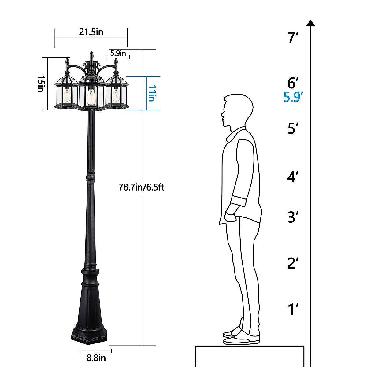 CINOTON Outdoor Lamp Post Light, 3-Head Surface-Mount Post Waterproof Outside Pole Light Aluminum, Black Birdcage Design Outdoor Street Light Pole Lamp Triple-Head for Backyard, Patio, Garden, Walkway