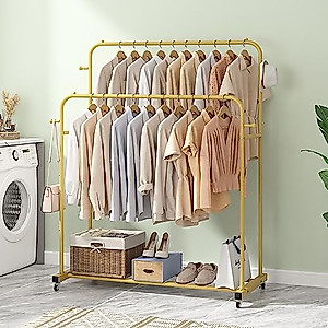 Laiensia Double Rods Garment Rack with Wheels, Clothing Rack for Hanging Clothes,4 Hooks, Multi-Functional Bedroom Clothes Rack, Gold
