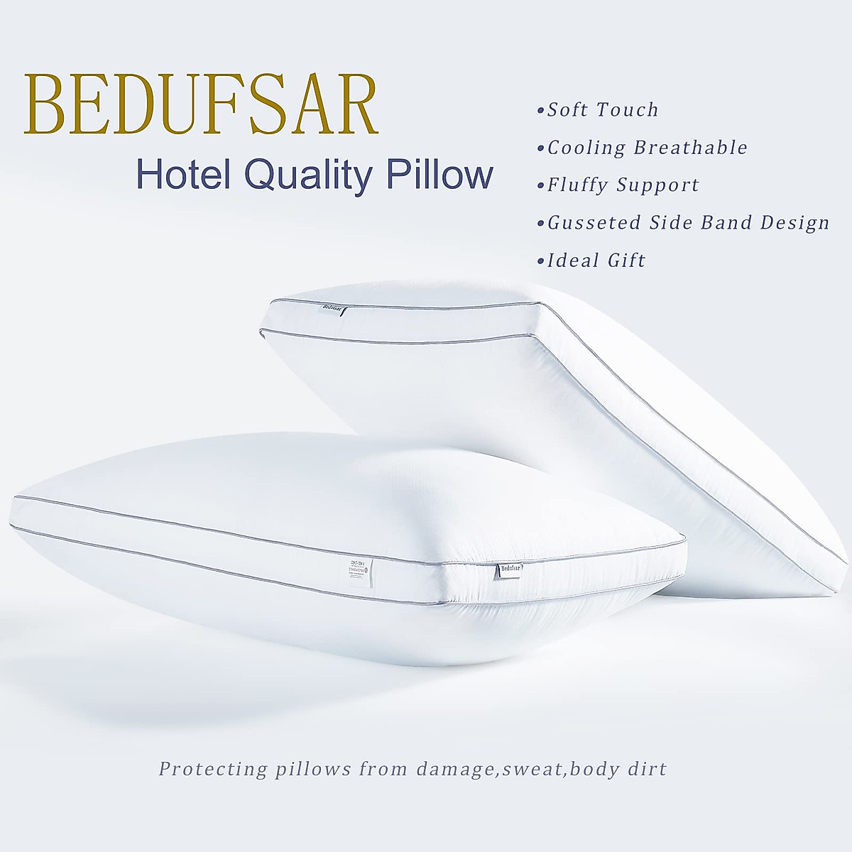 Bedufsar Bed Pillows for Sleeping, Queen Size Pillows Hotel Quality Set of 2, Firm and Supportive Gusseted Pillows for Side and Back Sleepers, Cooling Down Alternative Fluffy Soft Pillow (20x30 in)