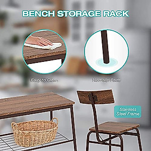 JOMEED 6 Piece Industrial Style Stainless Metal Frame Kitchen Dining Room Table, Chairs, & Bench Furniture Set with Storage, Brown