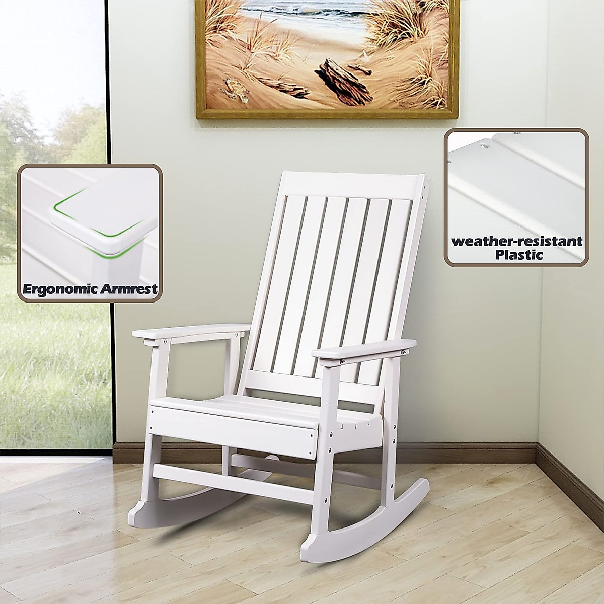 LAZZO Patio Rocking Chair, Large Recycled Plastic Rocker Chair, 1 Person Indoor & Outdoor Porch Rocking Chair for, Garden, Yard, Living Room, Entryway (White)