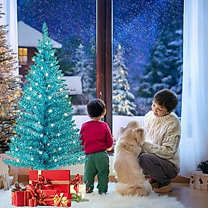 4ft Lighted Artificial Green Christmas Tree, Not Pre-lit Green Tinsel Pine Trees with Lights, Ideal for Ideal for Home, Office, and Xmas Party Décor - Includes Stand
